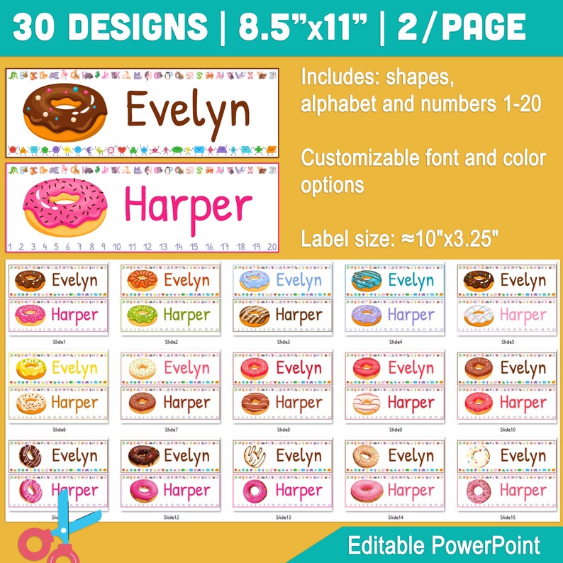 Editable Desk Name Tags for Students: Tasty Donuts, 30 Designs, 8.5x11 ...