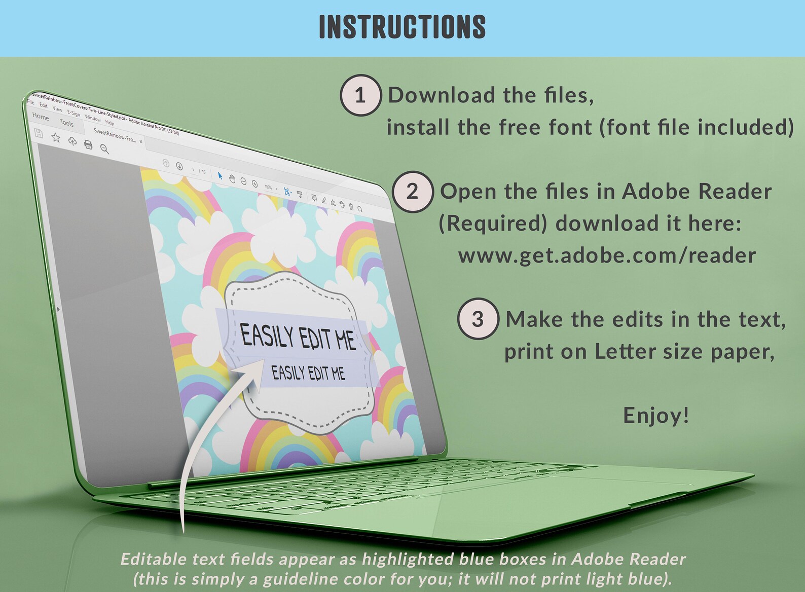 Sweet Rainbow Binder Cover, 10 Printable & Editable Binder Covers ...