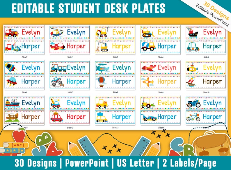 Student Desk Plates, 30 Printable/editable Transportation Classroom ...