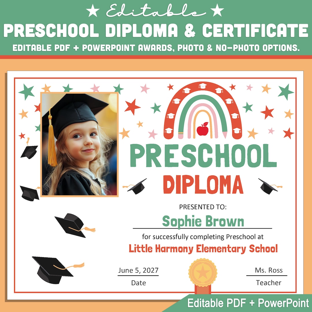 Editable Preschool Graduation Diploma & Certificate Set, Retro Rainbow ...