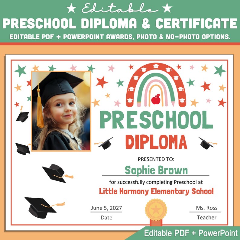 Editable Preschool Graduation Diploma & Certificate Set, Retro Rainbow ...