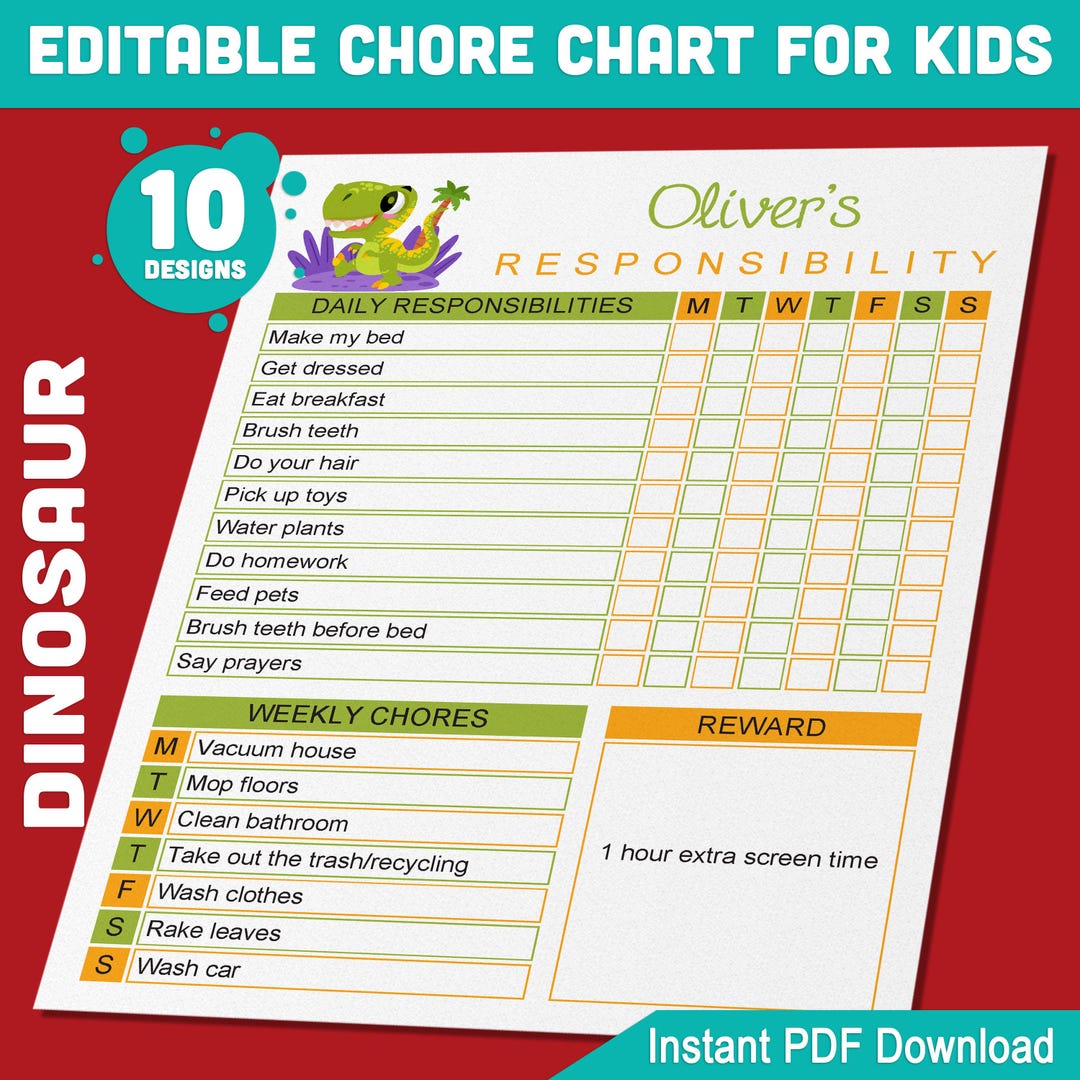 Custom Dinosaur Chore Chart for Kids: 10 Printable Responsibility ...