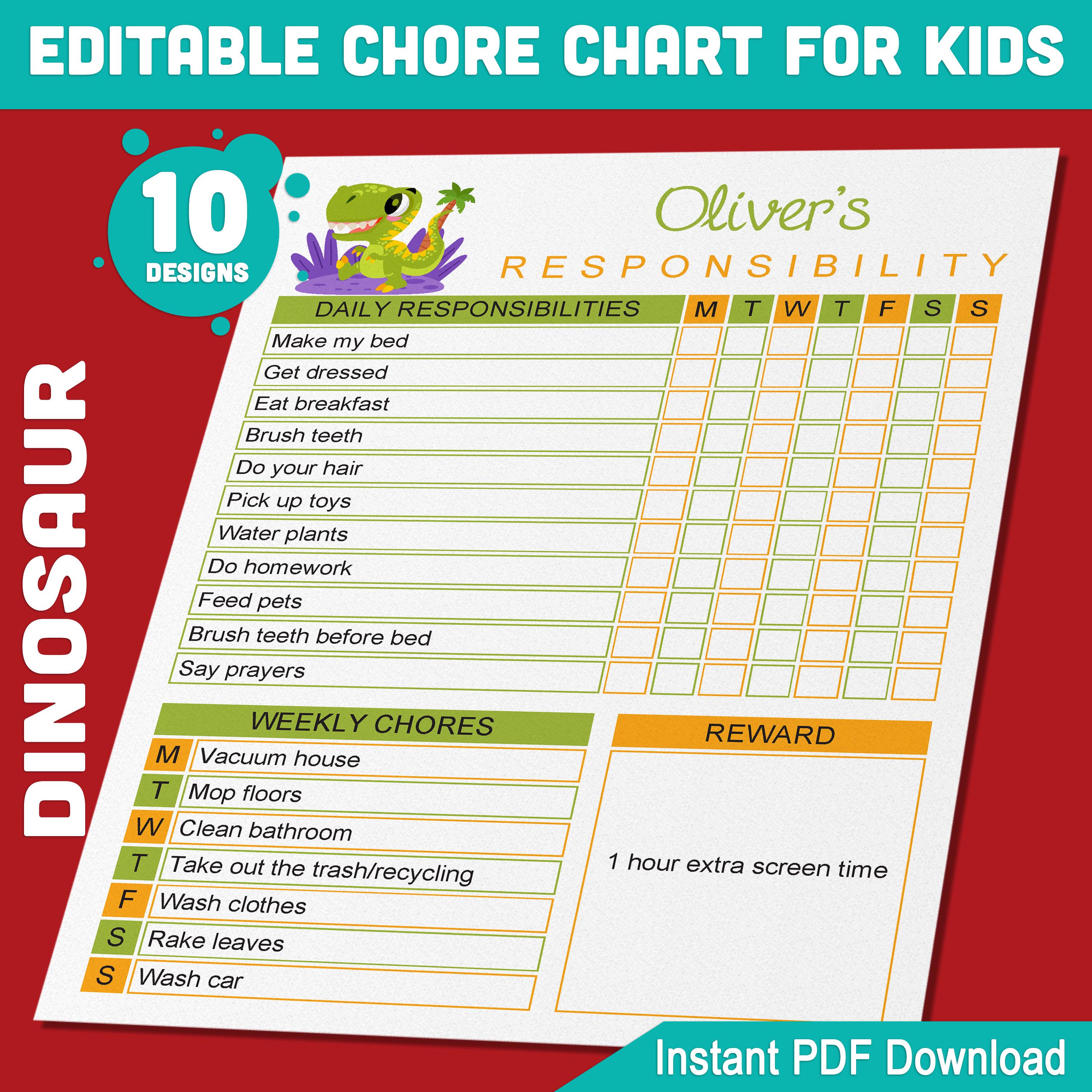 Custom Dinosaur Chore Chart for Kids: 10 Printable Responsibility ...