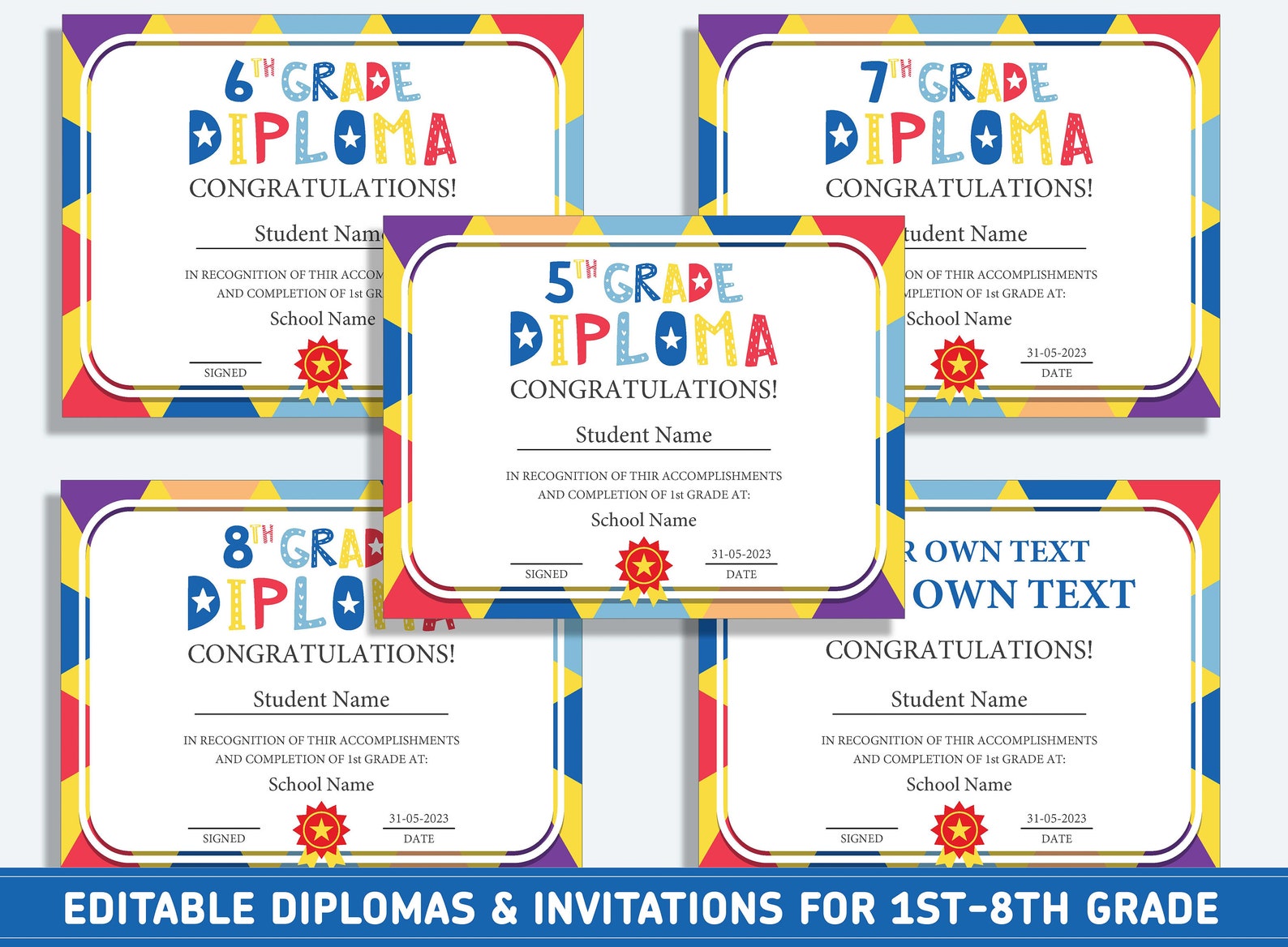 Editable 5th Grade Graduation 1st to 8th Grade Diploma - Etsy