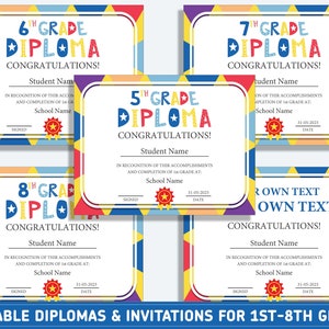 Editable 5th Grade Graduation, 1st to 8th Grade Diploma, Certificate of ...
