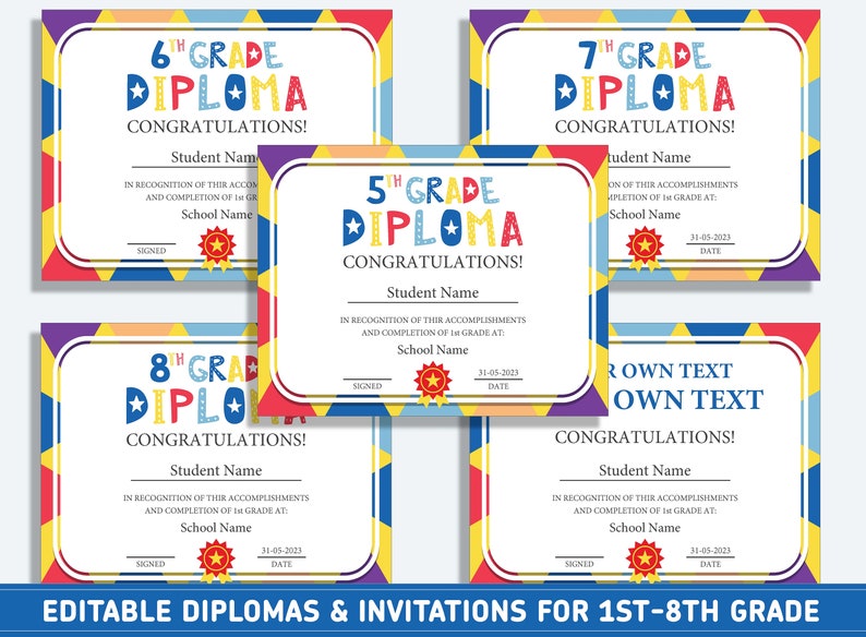 Editable 5th Grade Graduation 1st to 8th Grade Diploma - Etsy