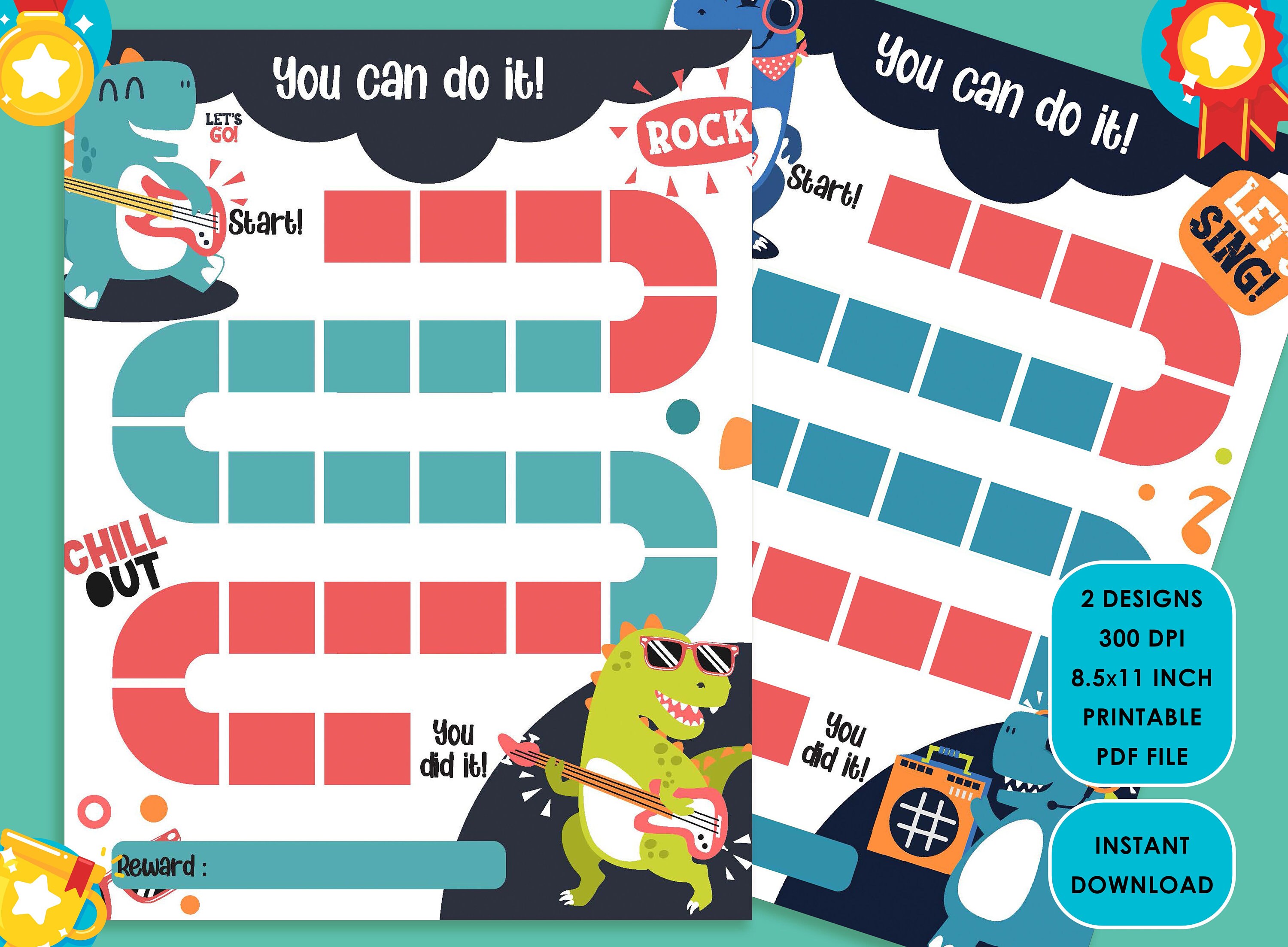 Printable Dinosaur Playing Music Reward Chart for Kids: 2 Fun Designs ...