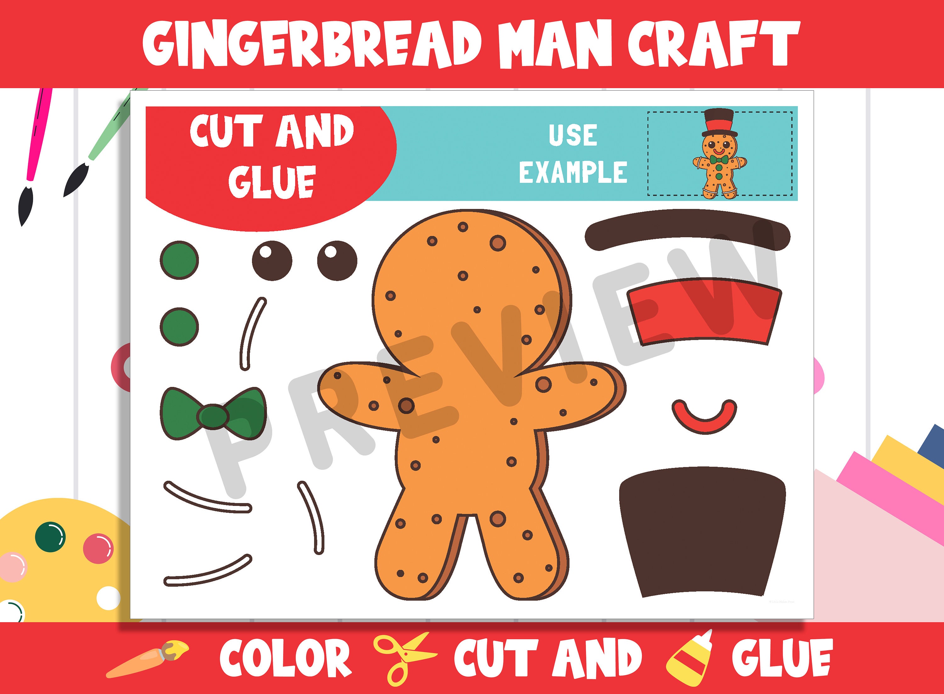 Gingerbread Man Craft Activity Color, Cut, and Glue for Prek to 2nd ...