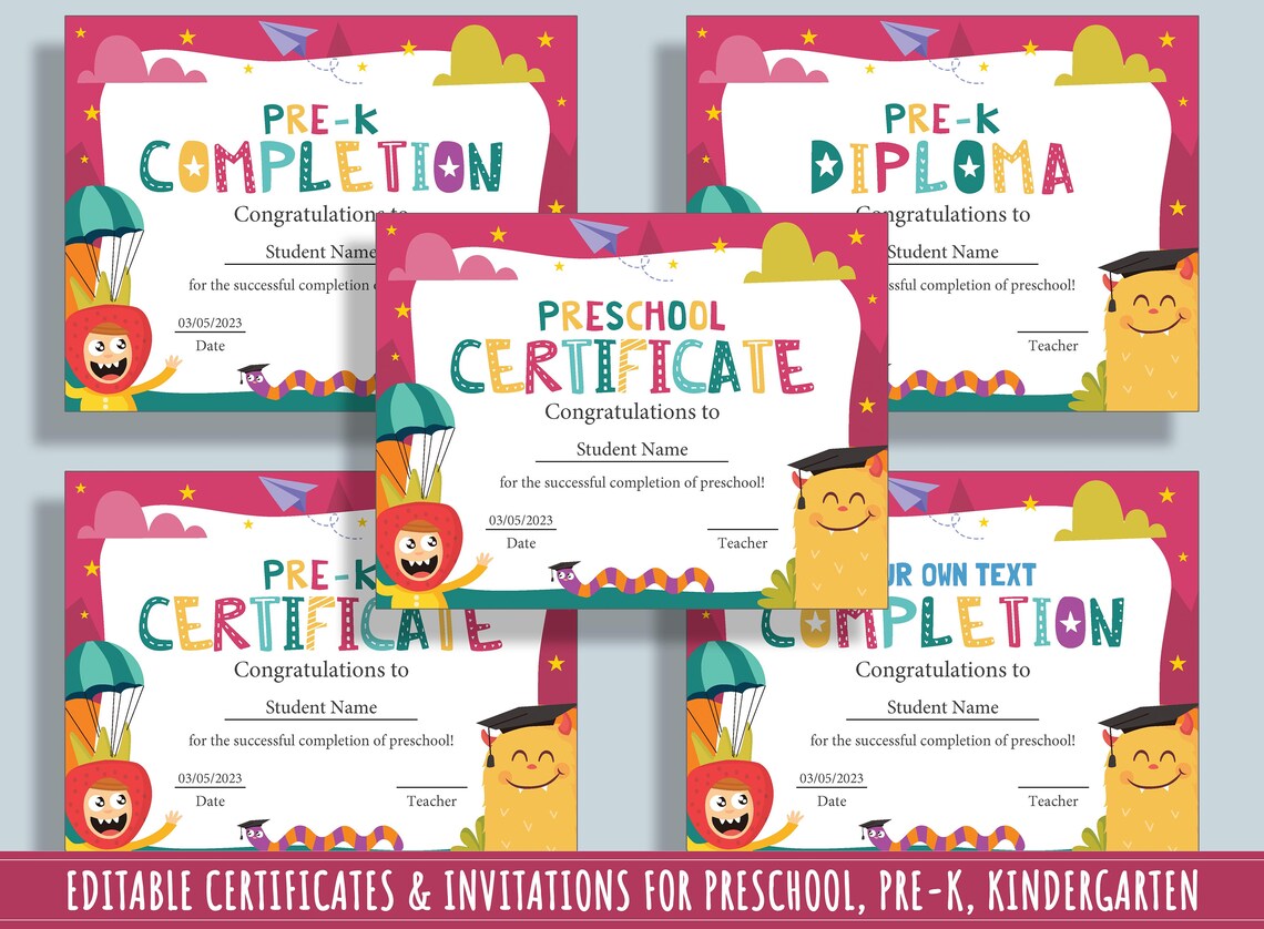 Colorful Pre-k Diploma Certificate and Invitation Templates - Etsy