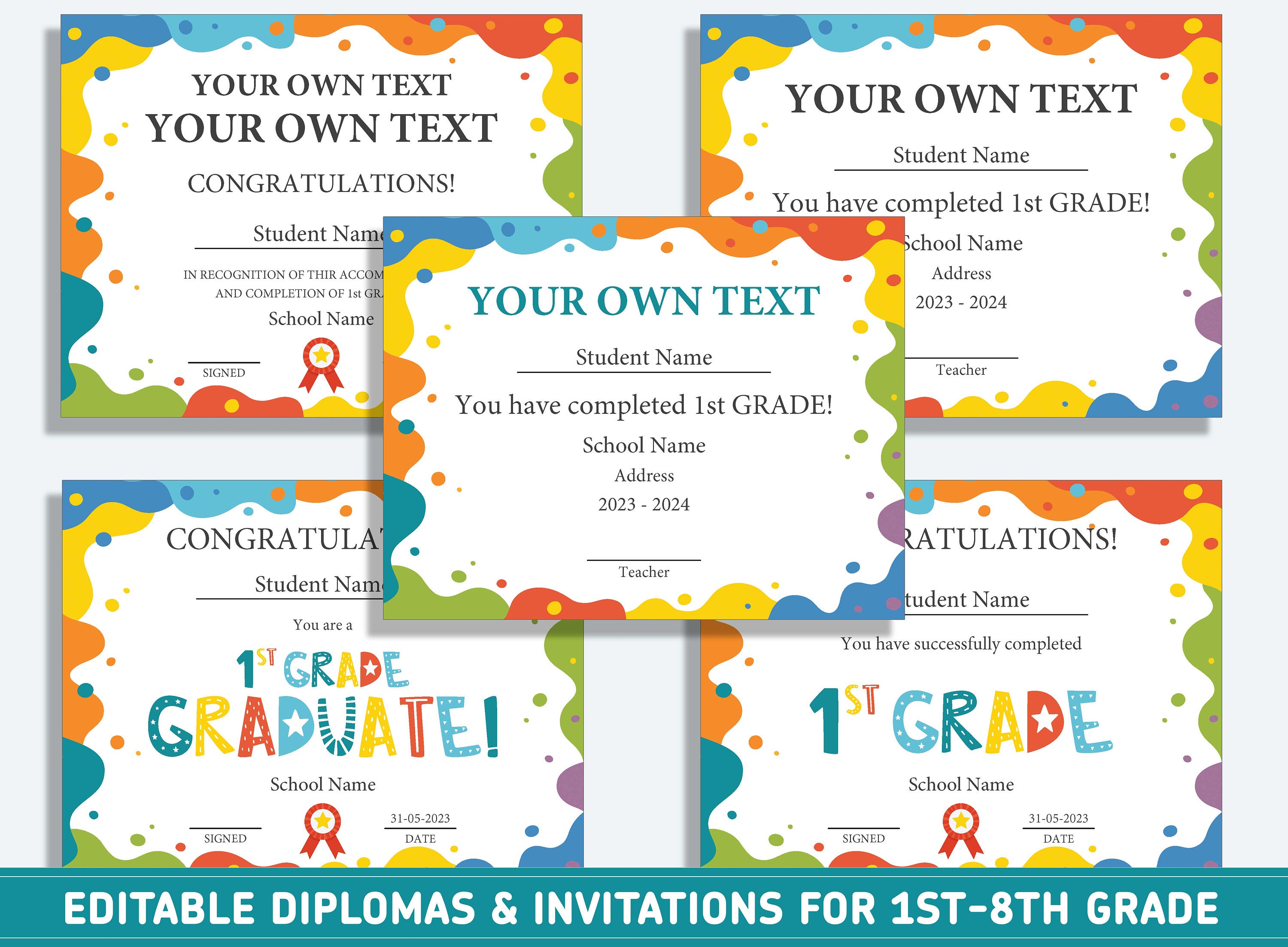 Editable 2nd Grade Graduation, 1st to 8th Grade Diploma, Certificate of ...