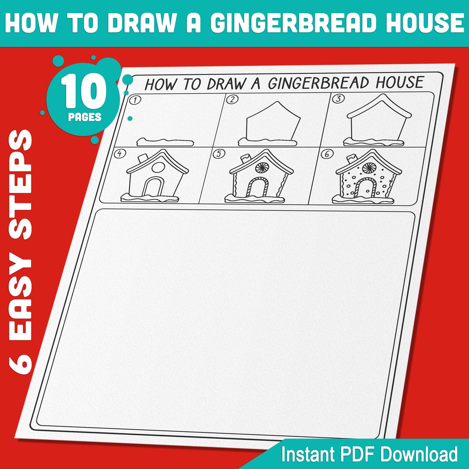 How to Draw a Gingerbread House for Kids: 5-page Step-by-step Tutorial ...