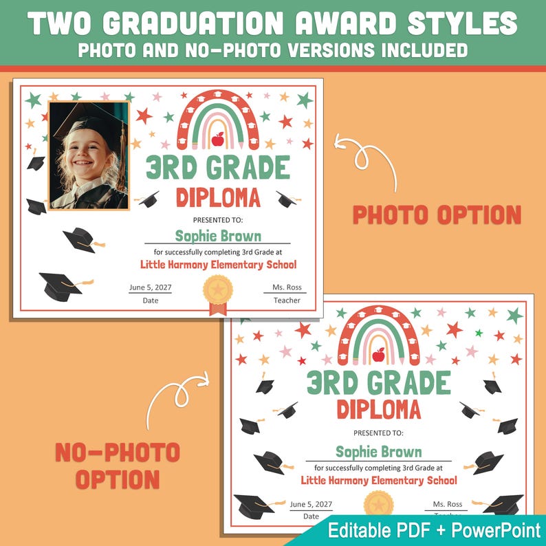 Editable 3rd Grade Graduation Diploma & Certificate Set, Retro Rainbow ...