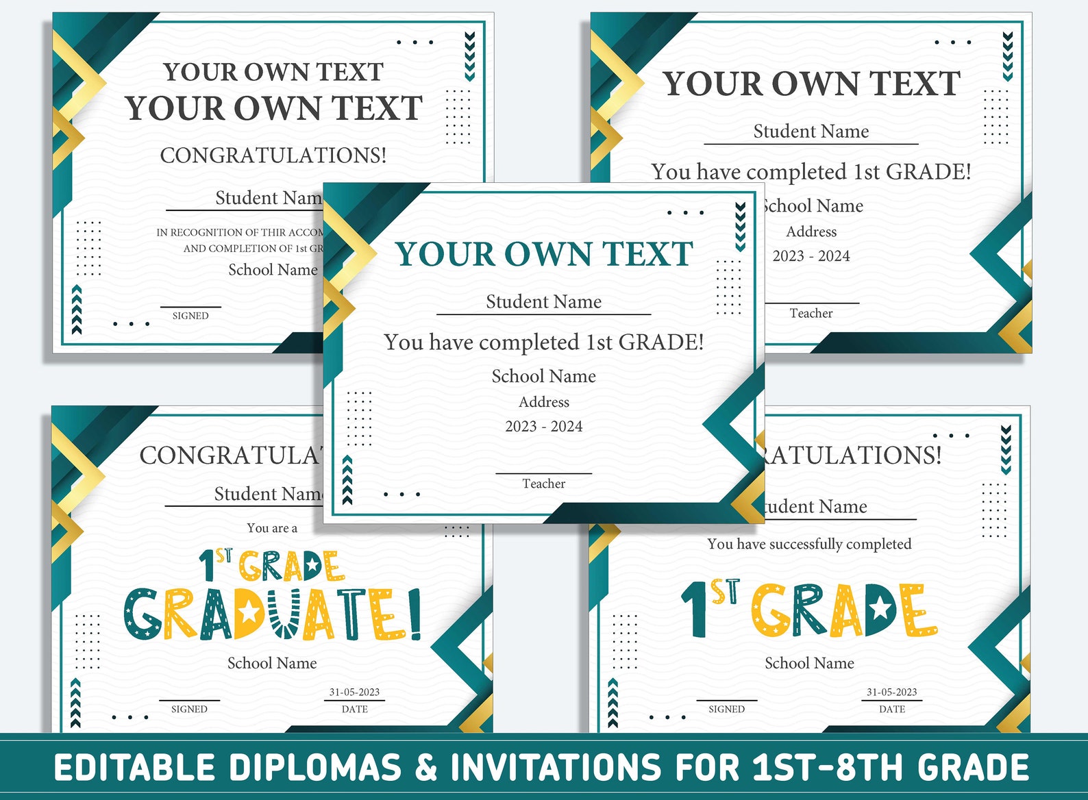 Editable 6th Grade Graduation, 1st to 8th Grade Diploma, Certificate of ...