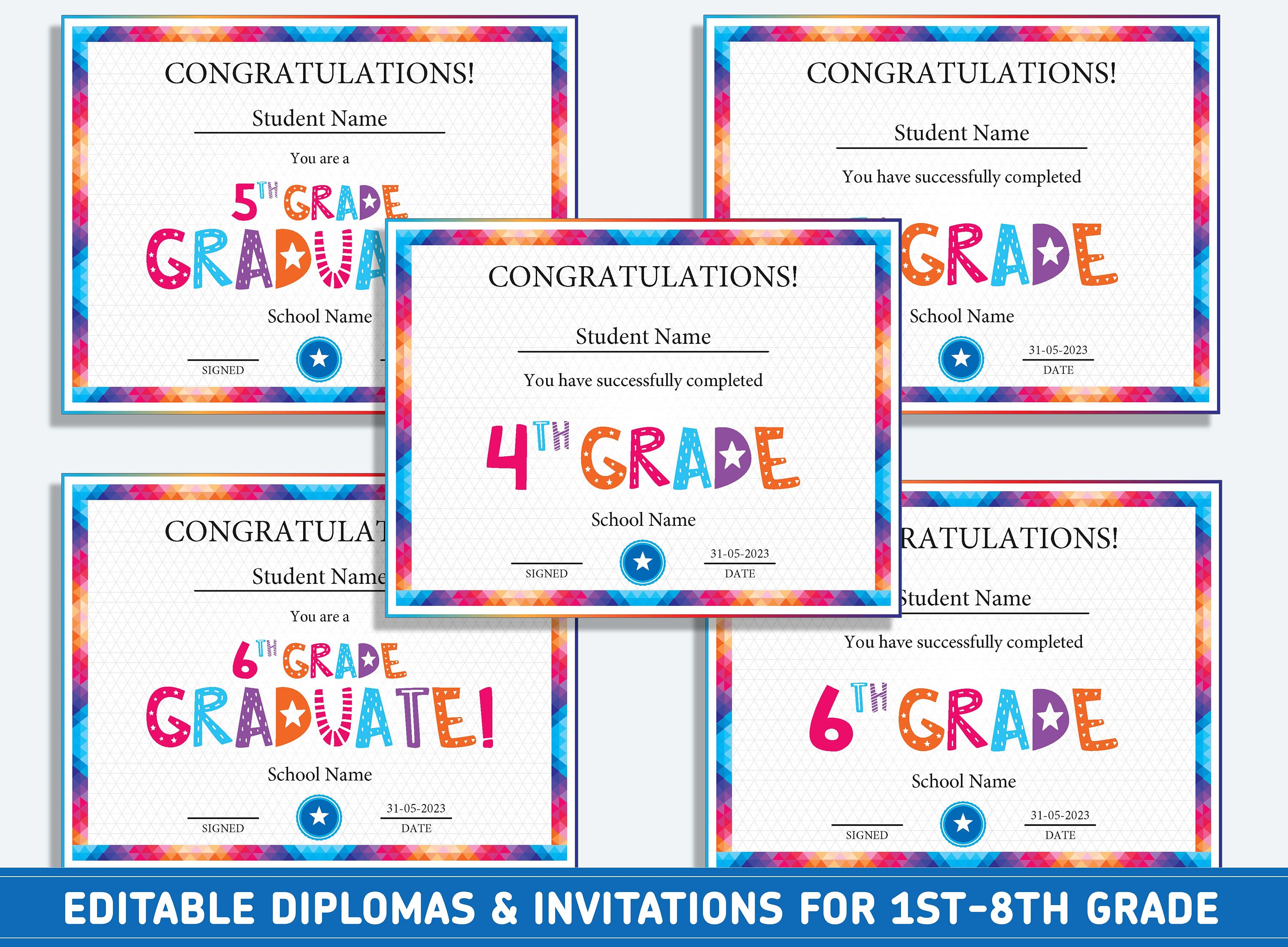 Editable Sixth Grade Diploma, 1st to 8th Grade Diploma, Certificate of ...
