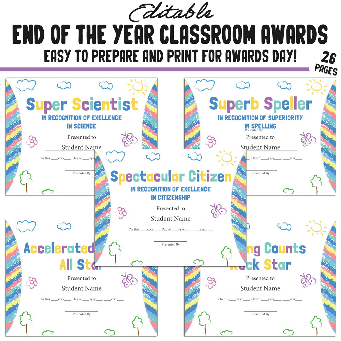 Editable End of Year Awards for Students, 26 Pages, PDF, Instant ...