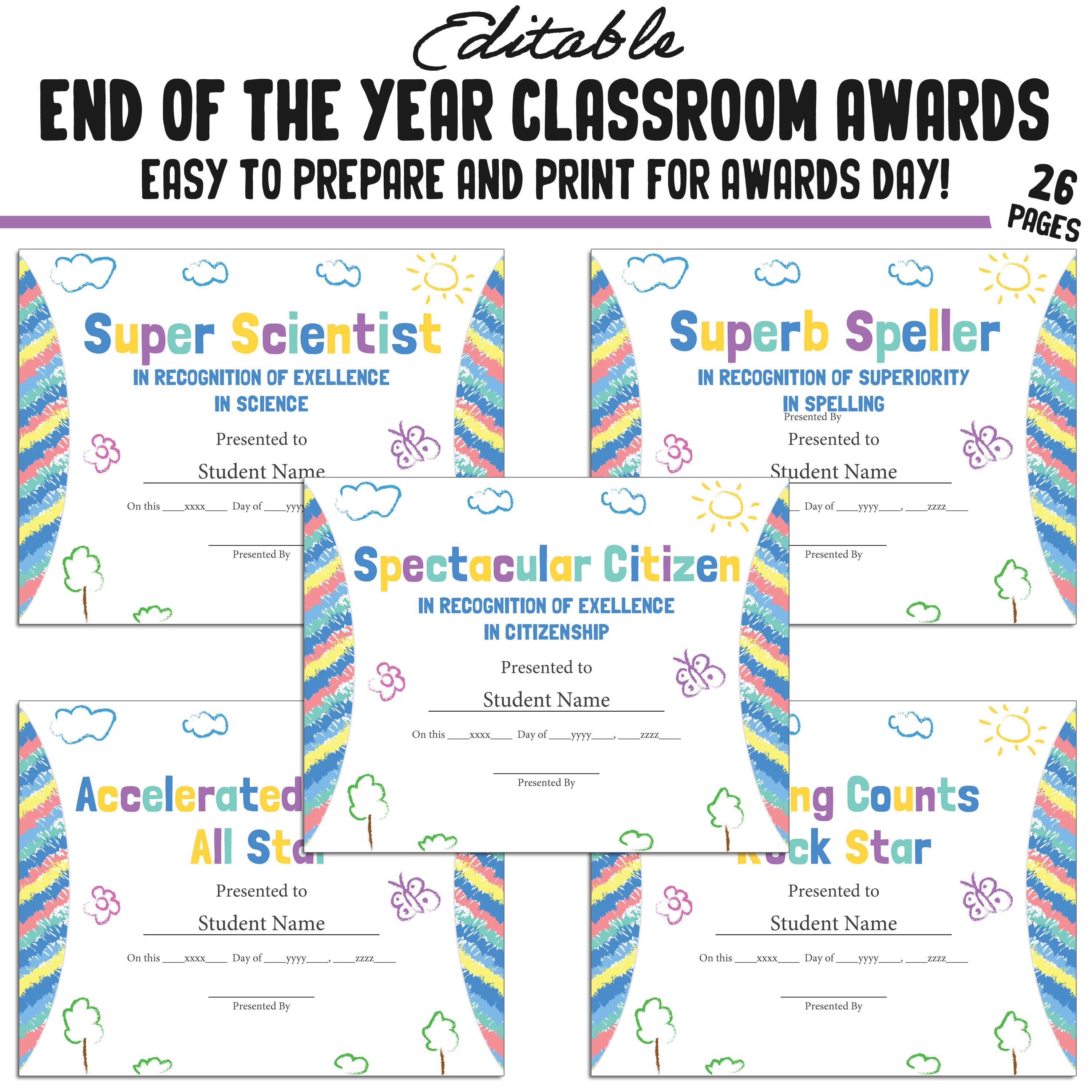 Editable End of Year Awards for Students, 26 Pages, PDF, Instant ...