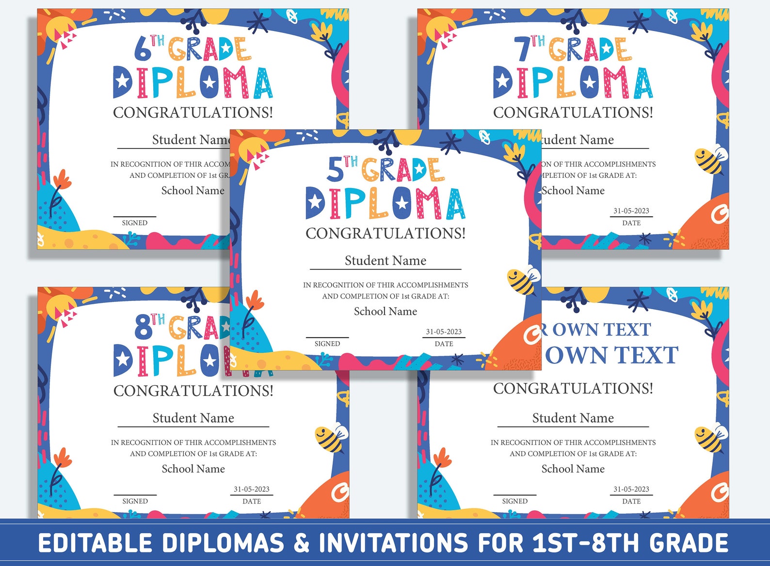 Editable First Grade Certificate, 1st to 8th Grade Diploma, Certificate ...