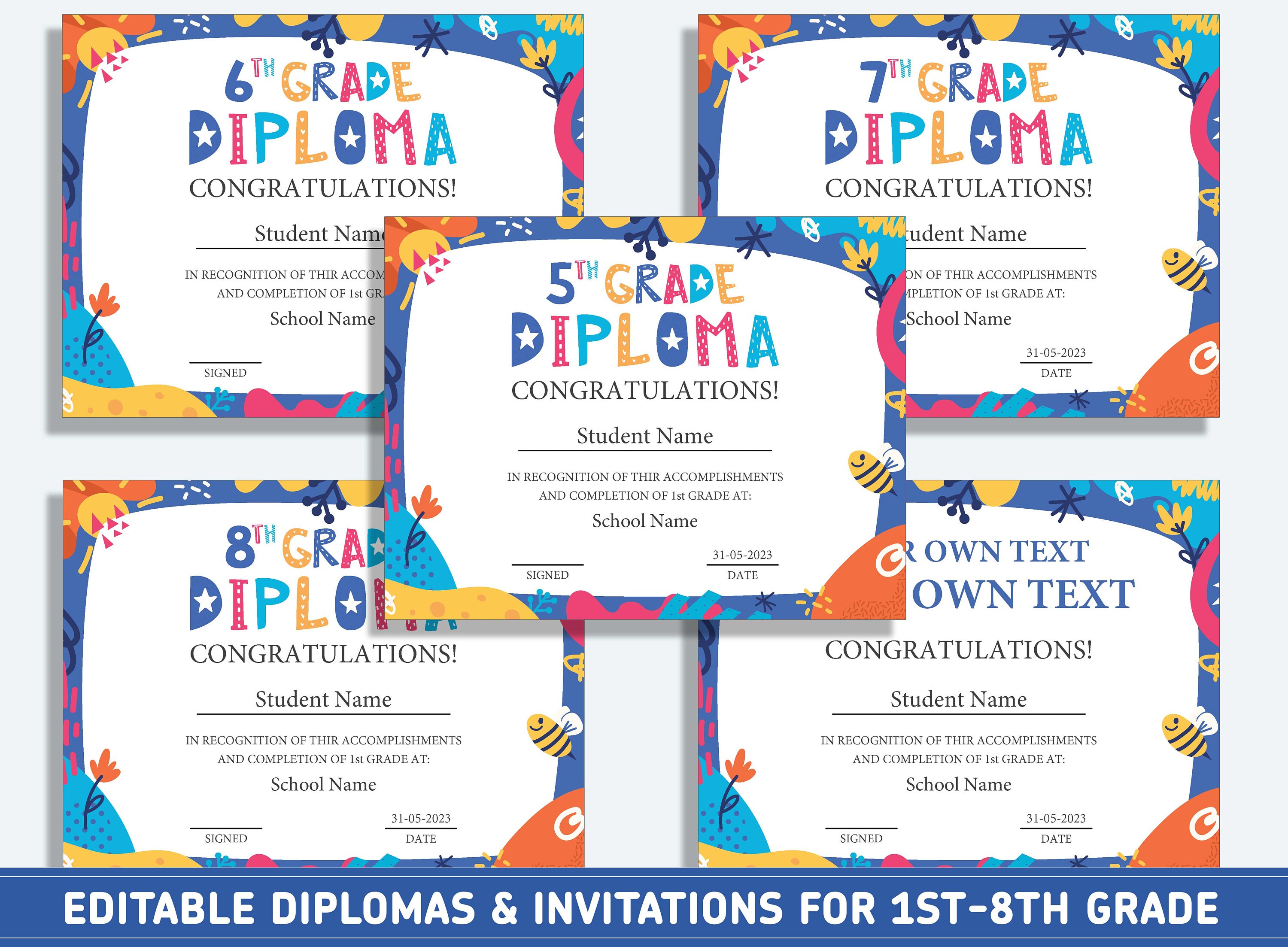Editable First Grade Certificate, 1st to 8th Grade Diploma, Certificate ...