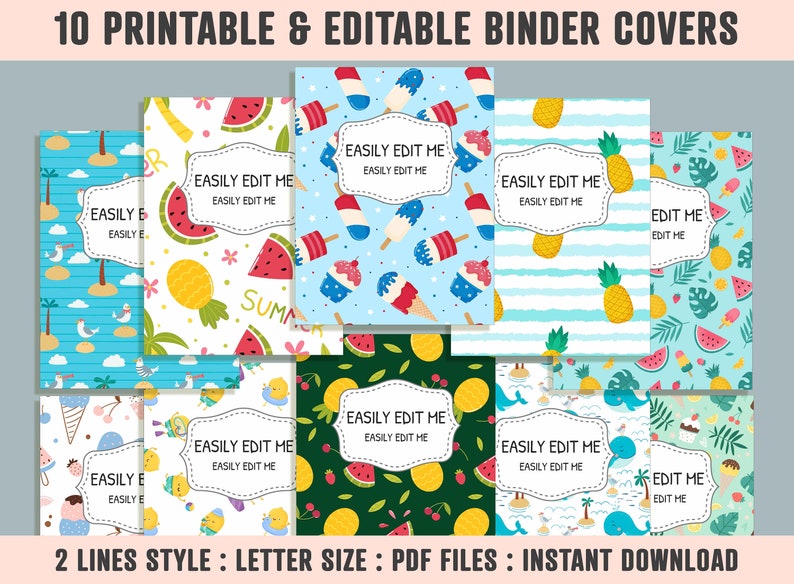 Summer Pattern Binder Cover, 10 Printable/editable Binder Covers ...