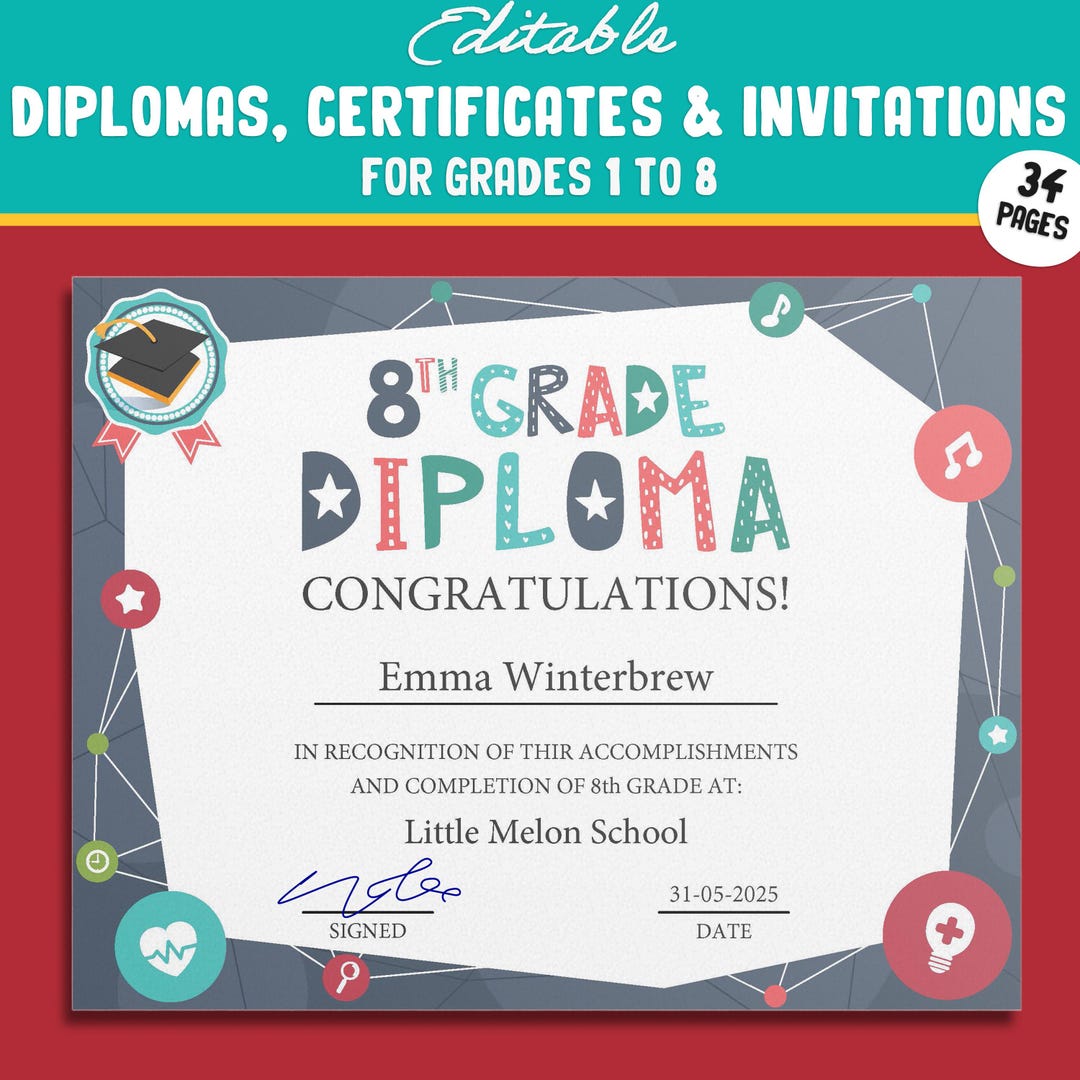 Editable 8th Grade Certificate, 1st to 8th Grade Diploma, Certificate ...