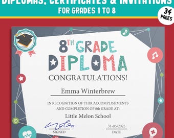 Editable First Grade Award Certificates, 1st to 8th Grade Diploma ...