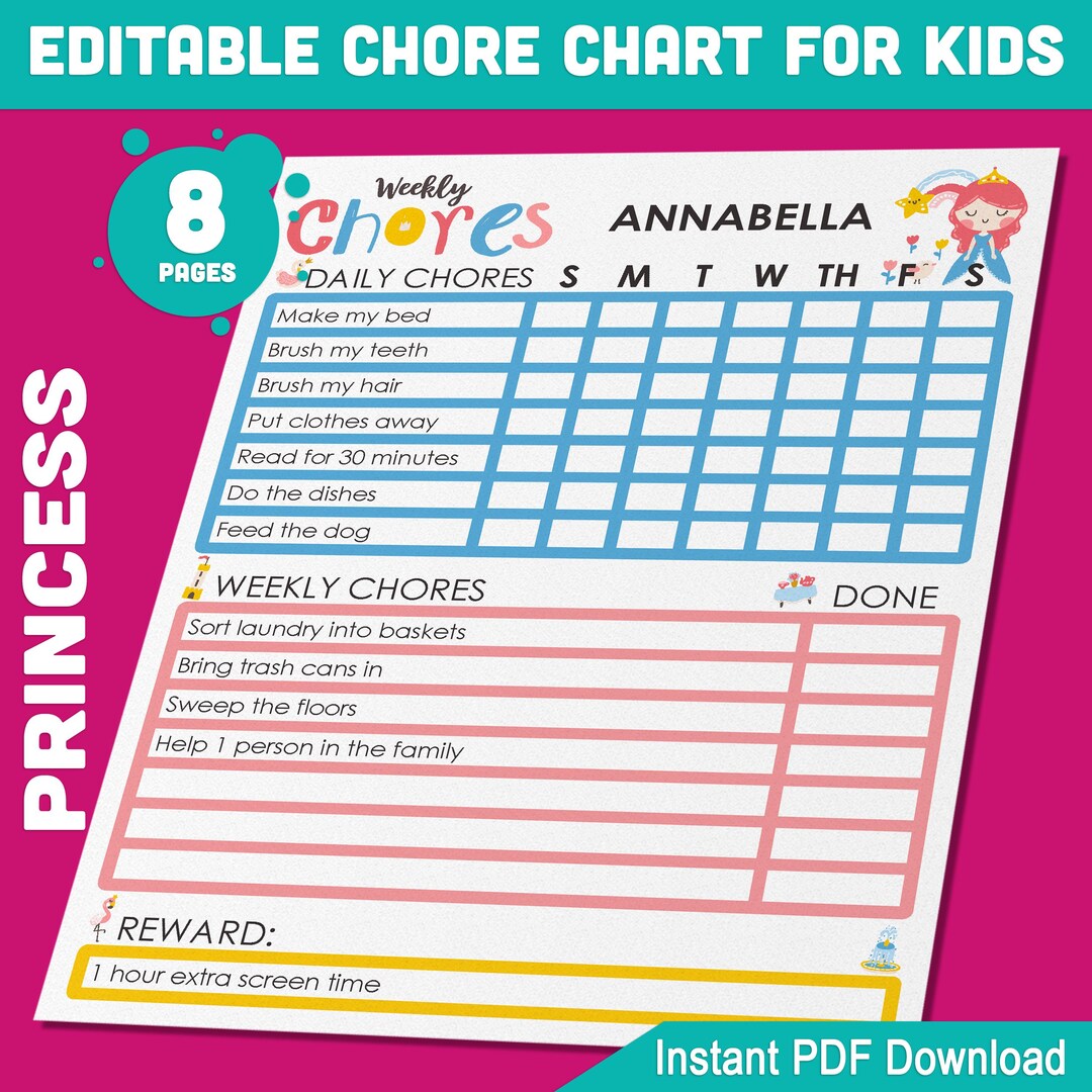 Princess Chore Chart for Kids - Printable & Editable, Encourage Child ...