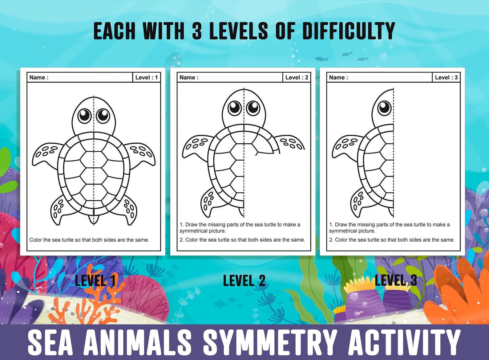 Sea Animals Symmetry Worksheet, Sea Animals Theme Lines of Symmetry ...