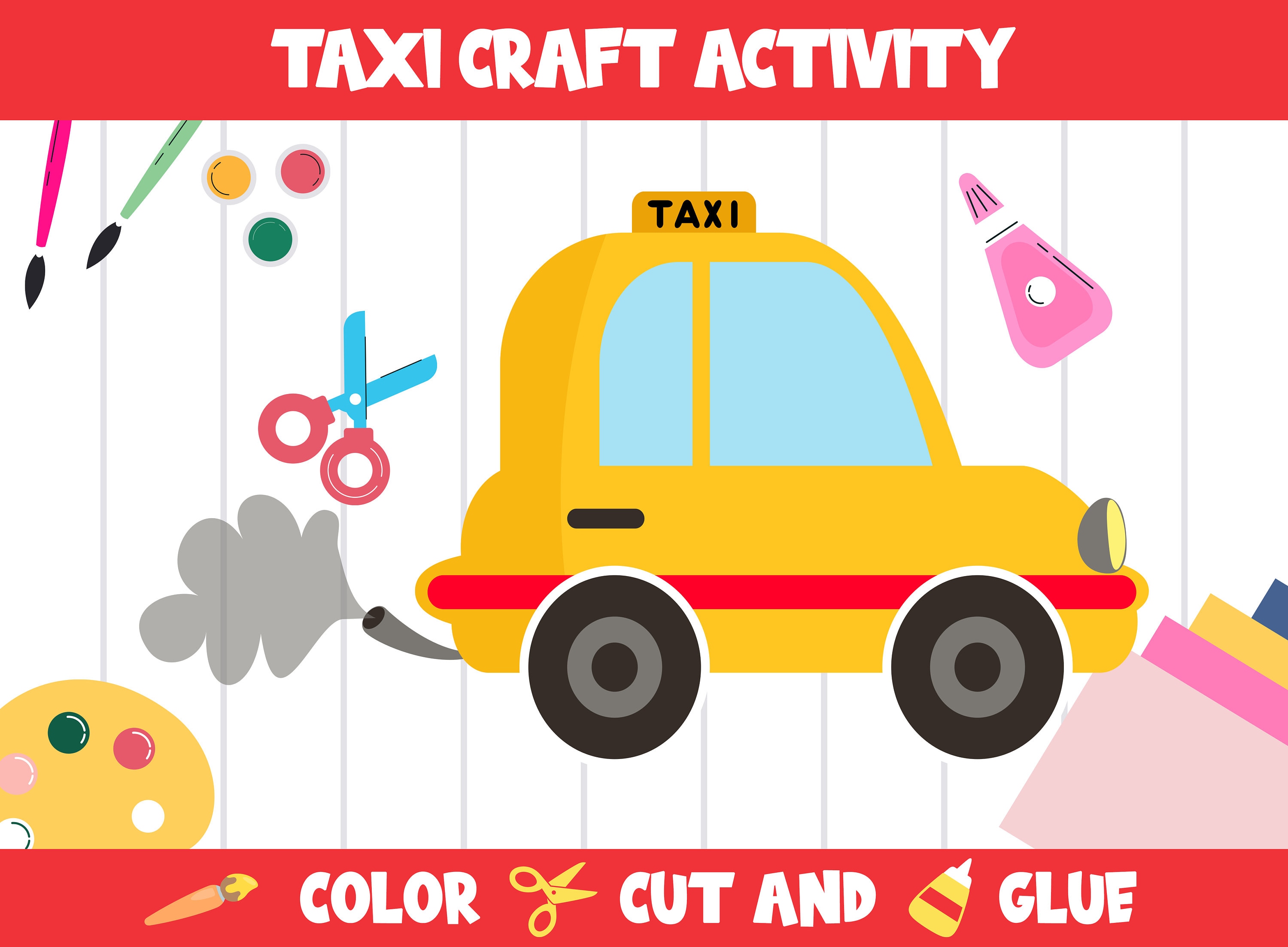 Cute Vehicle Craft Activity - Taxi : Color, Cut, and Glue for Prek to ...