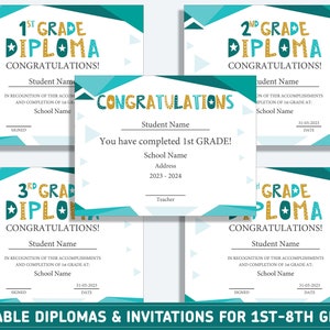 Editable 7th Grade Graduation, 1st to 8th Grade Diploma, Certificate of ...
