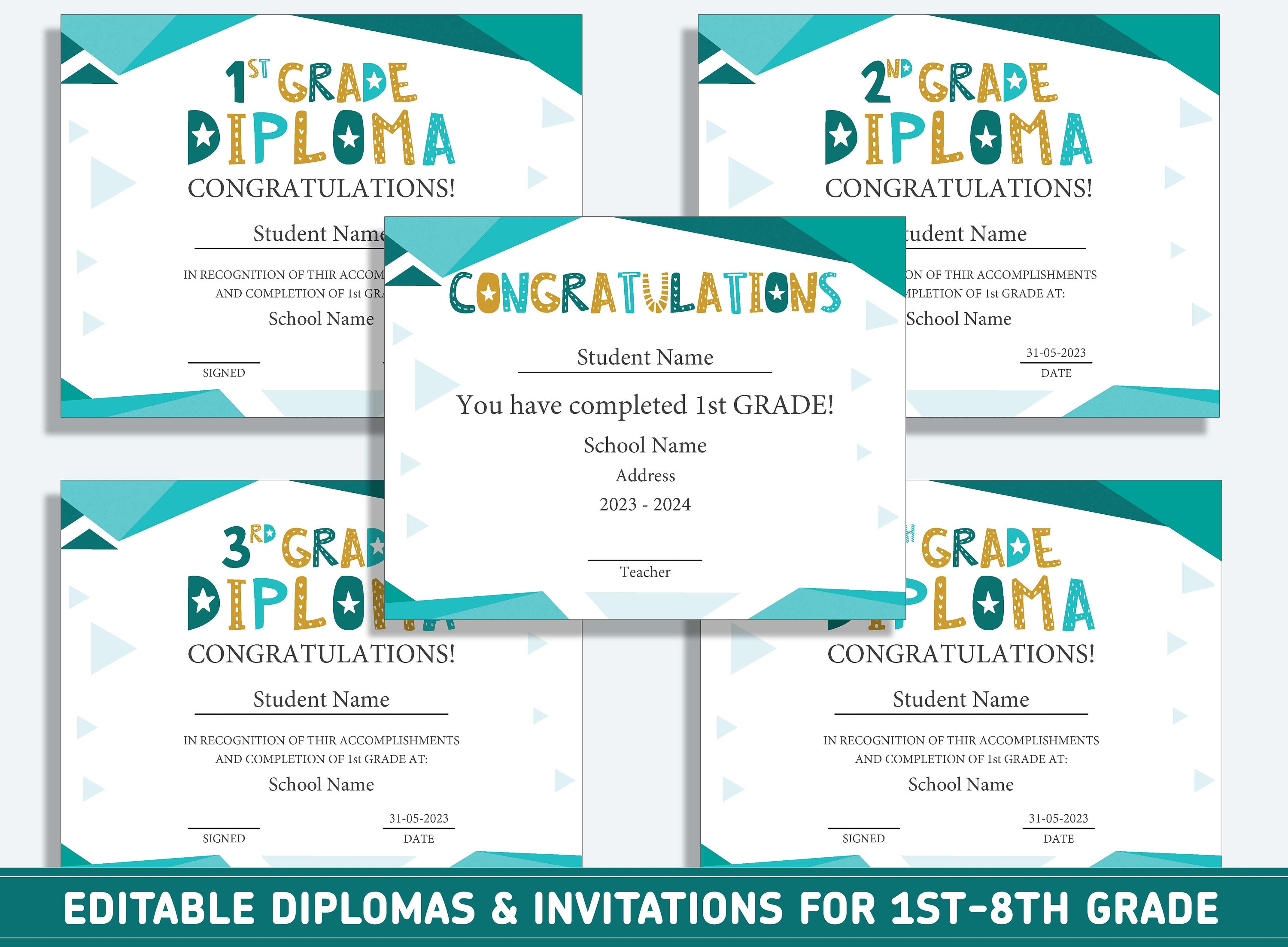 Editable 7th Grade Graduation, 1st to 8th Grade Diploma, Certificate of ...
