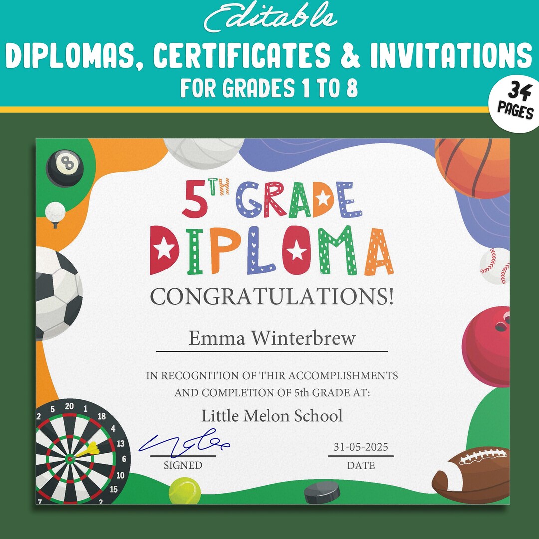 Editable 5th Grade Certificate, 1st to 8th Grade Diploma, Certificate ...