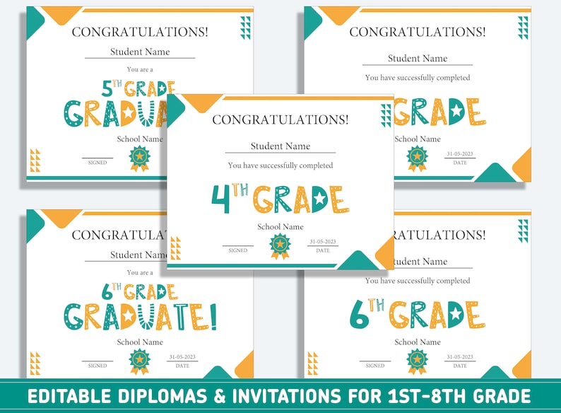 Editable 1st Grade Diploma, Second to 8th Grade Diploma, Certificate of ...