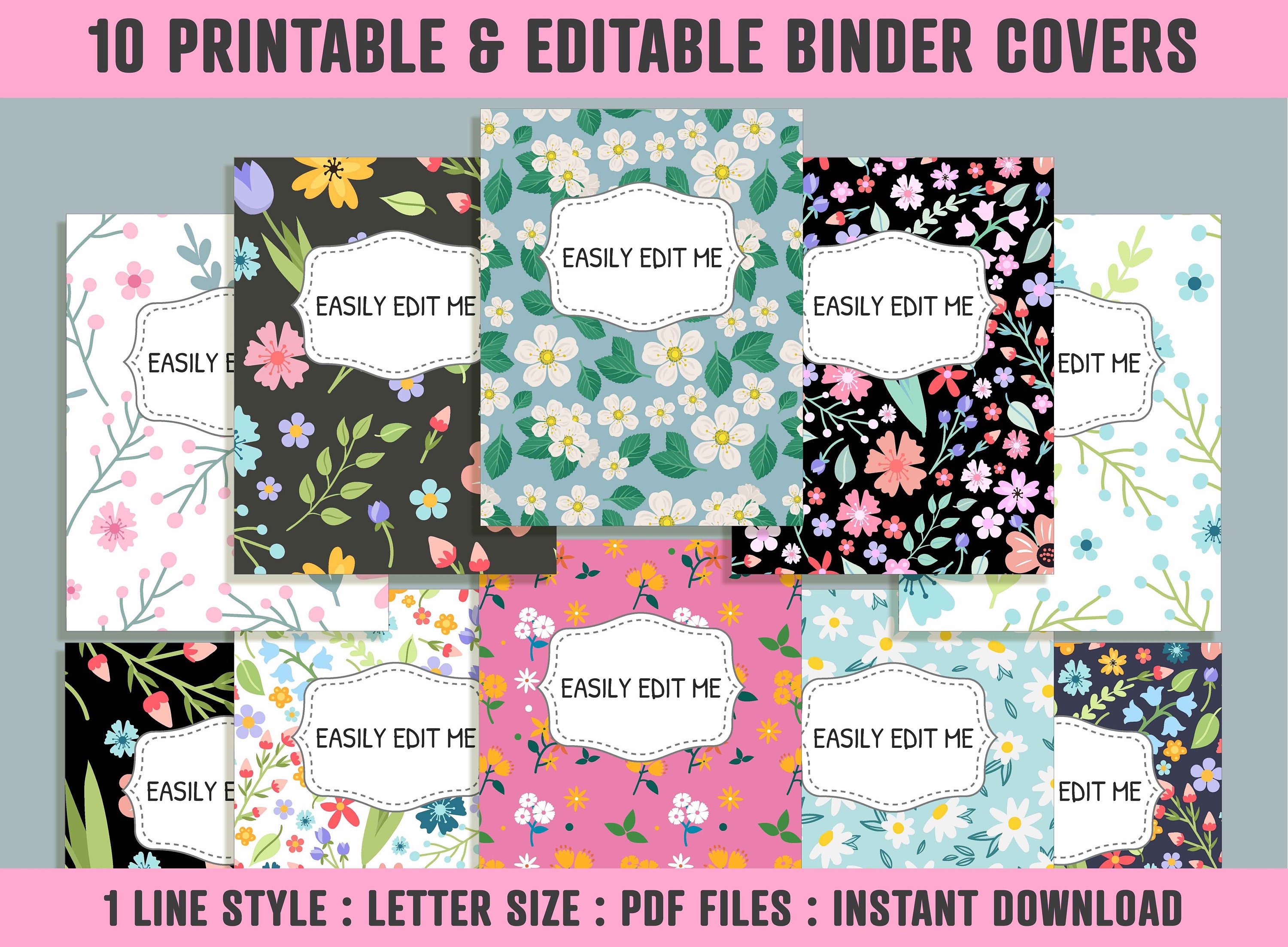 Flowers and Leaves Binder Cover, 10 Printable & Editable Coversspines ...