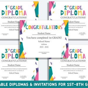Editable First Grade, Second Grade to 8th Grade Diploma Certificate of ...
