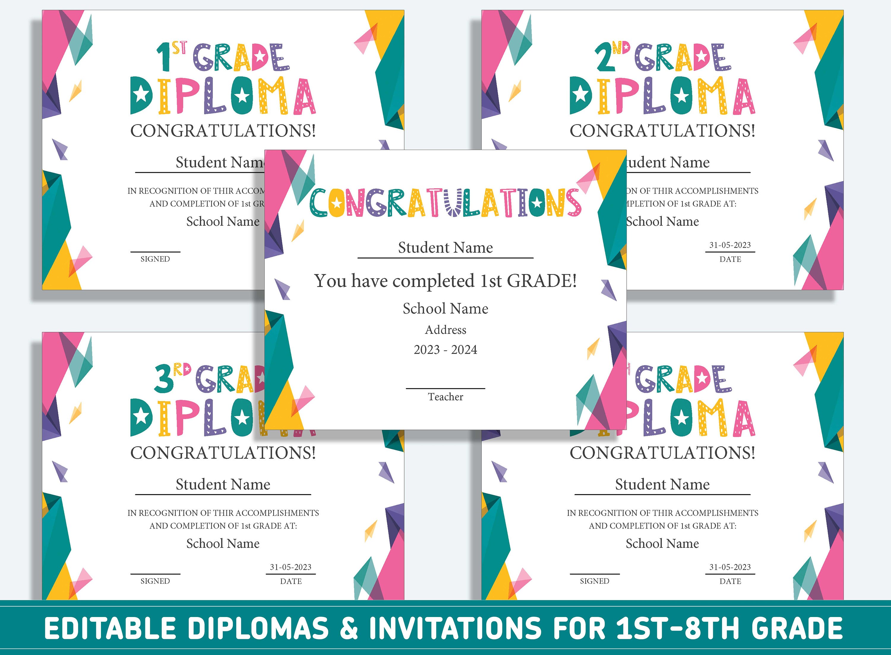Editable First Grade Second Grade to 8th Grade Diploma - Etsy
