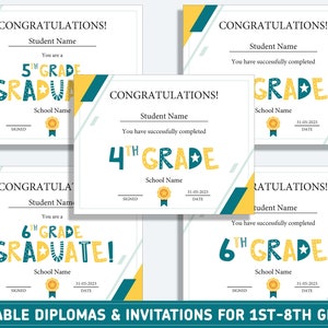 Editable 3rd Grade Graduation, 1st to 8th Grade Diploma, Certificate of ...