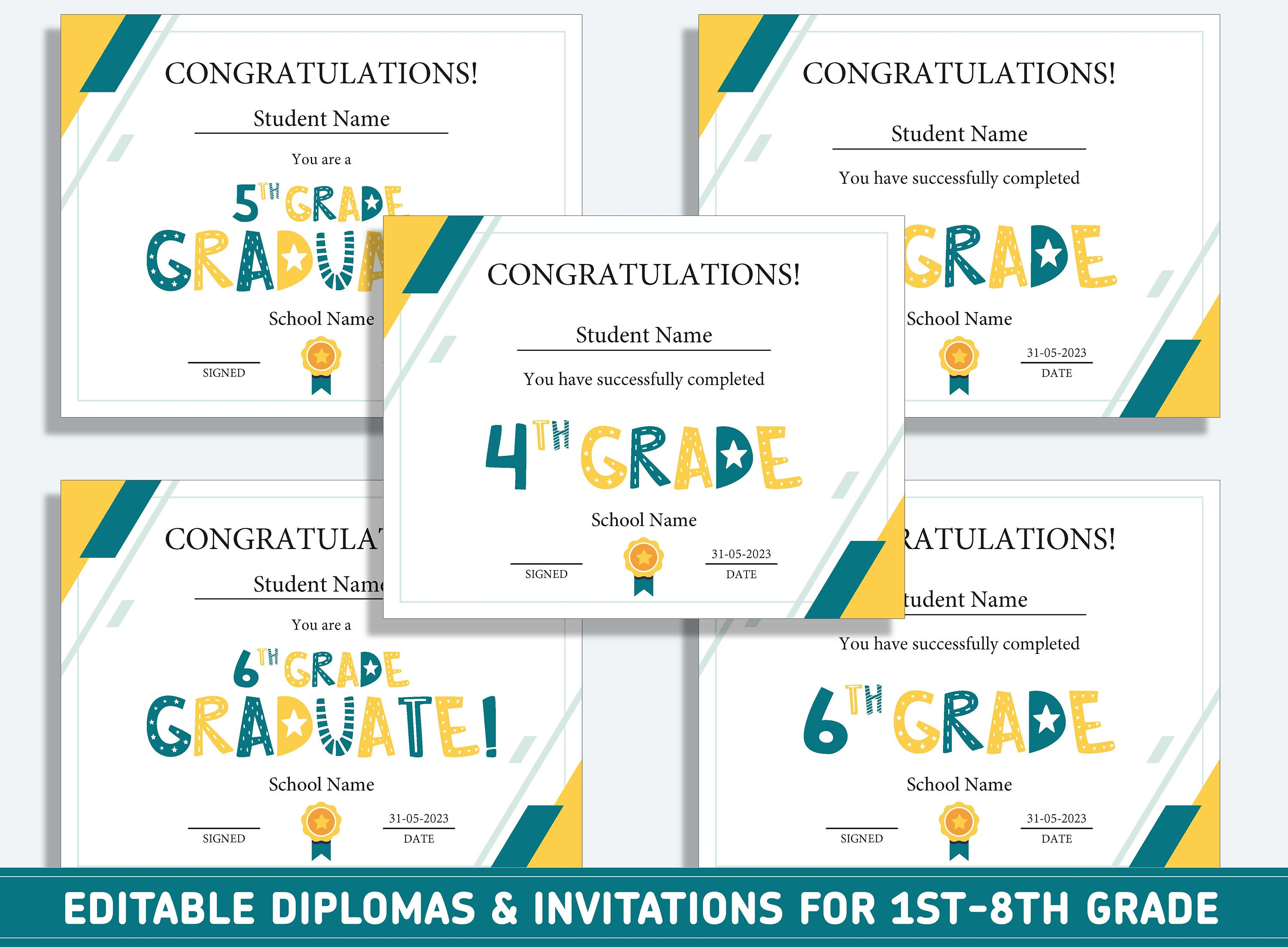 Editable 3rd Grade Graduation, 1st to 8th Grade Diploma, Certificate of ...