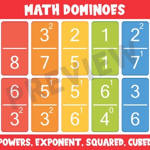 Printable Math Dominoes (powers, Exponent, Squared, Cubed), 55 Cards ...