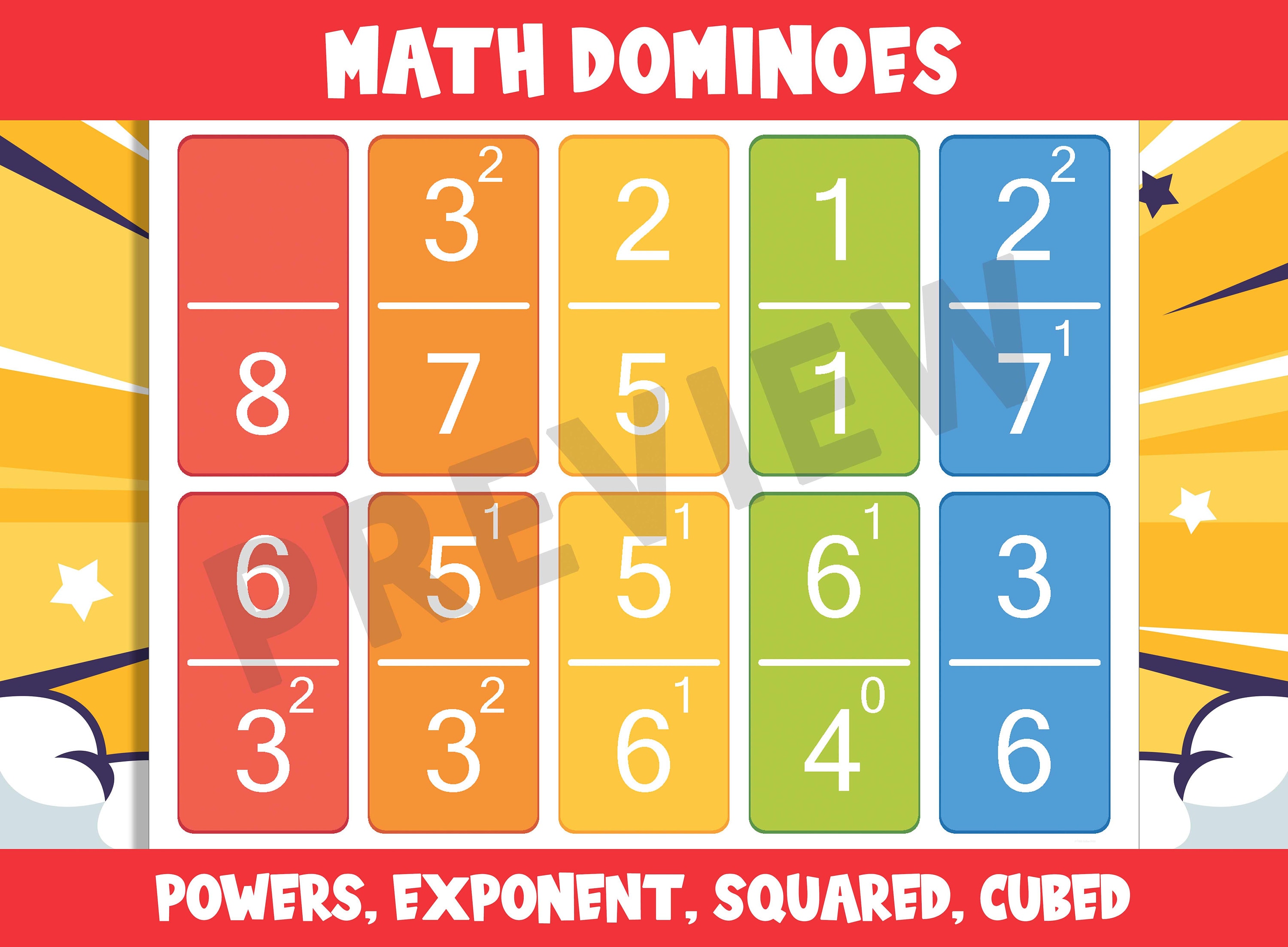 Printable Math Dominoes powers, Exponent, Squared, Cubed, 55 Cards, PDF ...