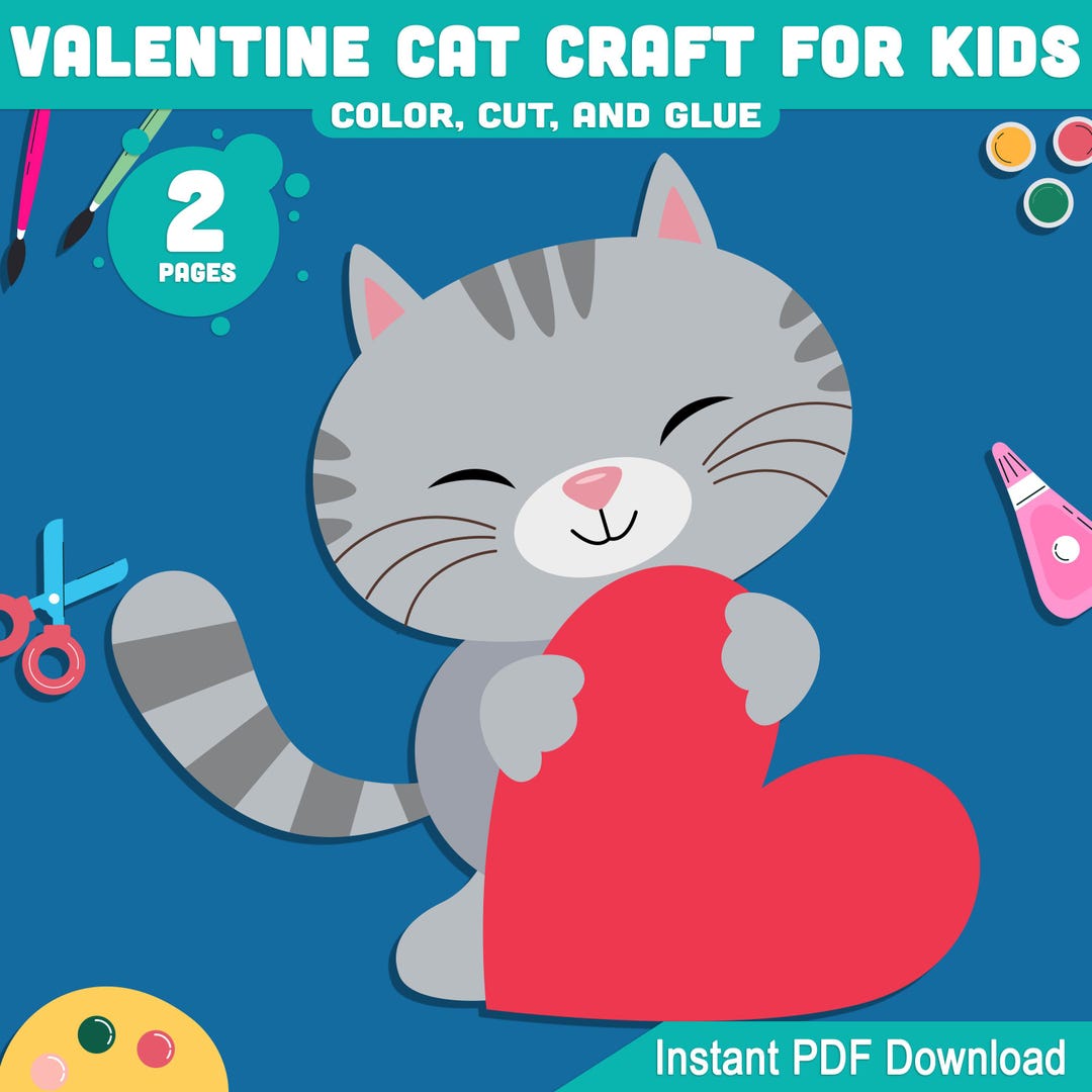 Valentine Cat Craft for Kids, Adorable Color Cut and Glue Activity, Fun ...