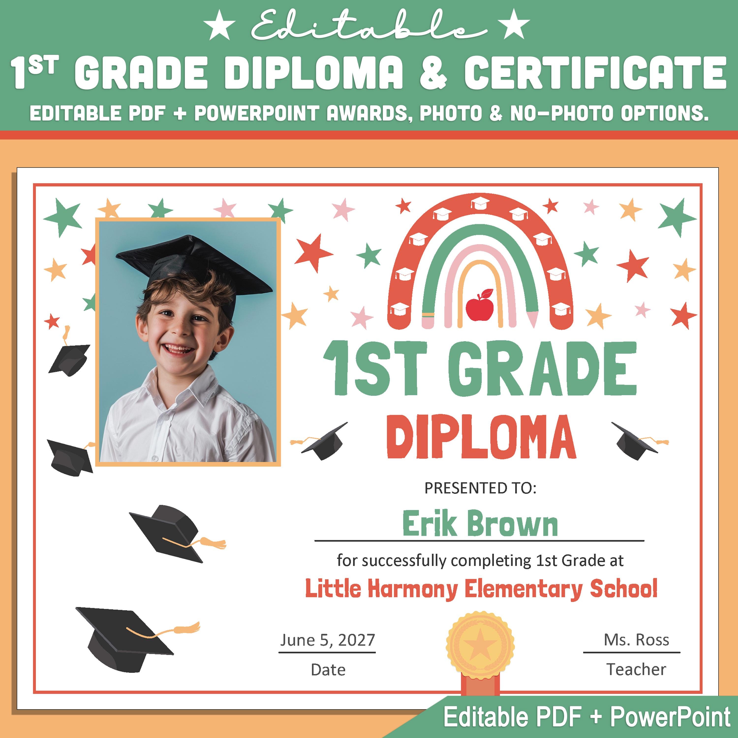 Editable 1st Grade Graduation Diploma & Certificate Set, Retro Rainbow ...