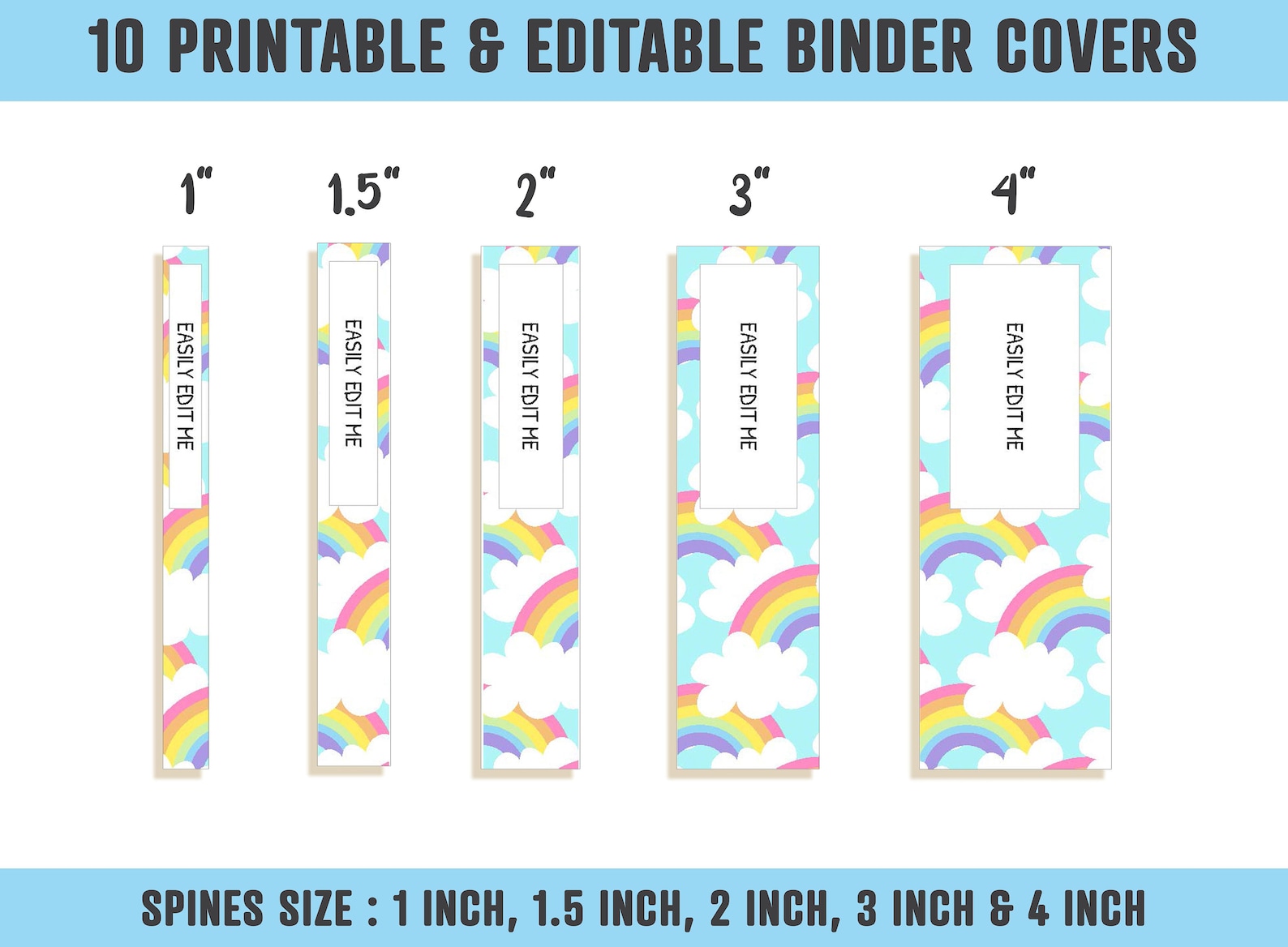 Sweet Rainbow Binder Cover, 10 Printable & Editable Binder Covers ...