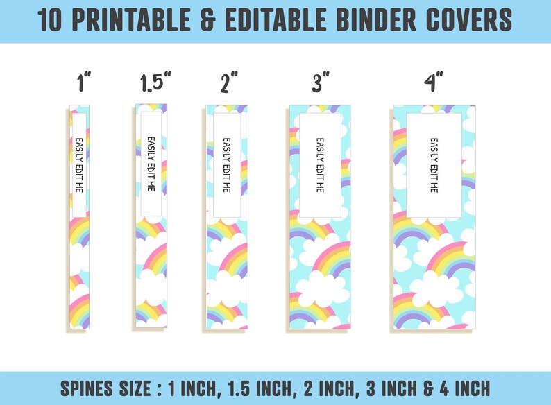 Sweet Rainbow Binder Cover, 10 Printable & Editable Binder Covers ...