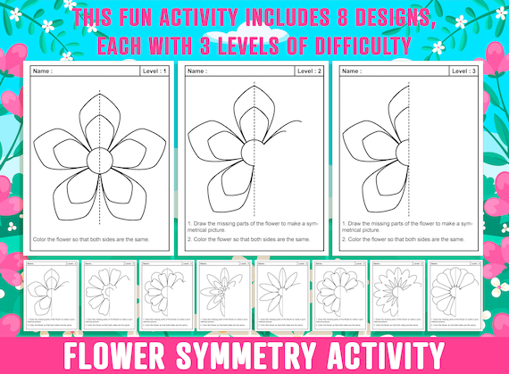 Flower Symmetry Worksheet Flower Theme Lines of Symmetry | Etsy UK