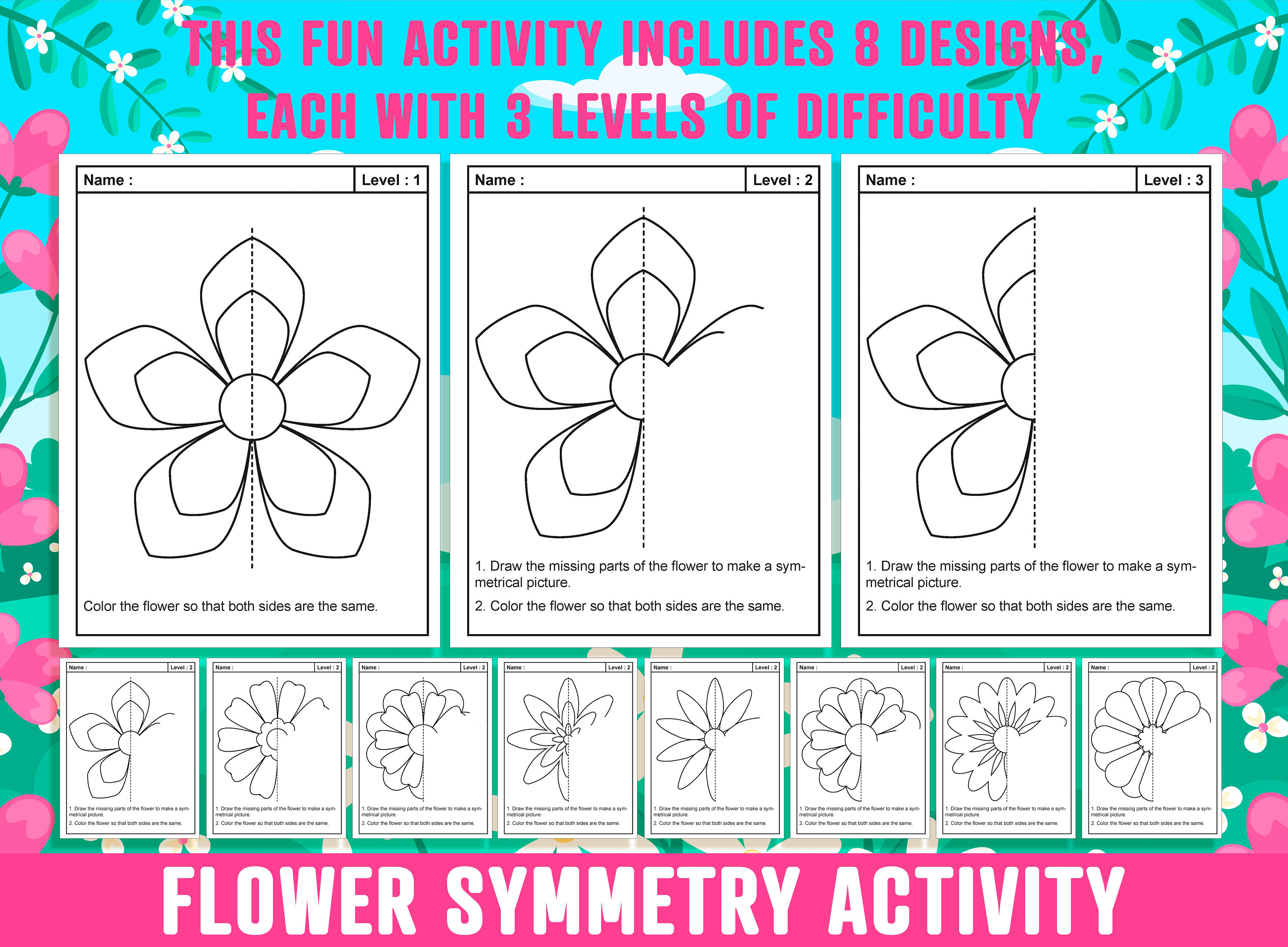 Flower Symmetry Worksheet, Flower Theme Lines of Symmetry Activity, 24 ...