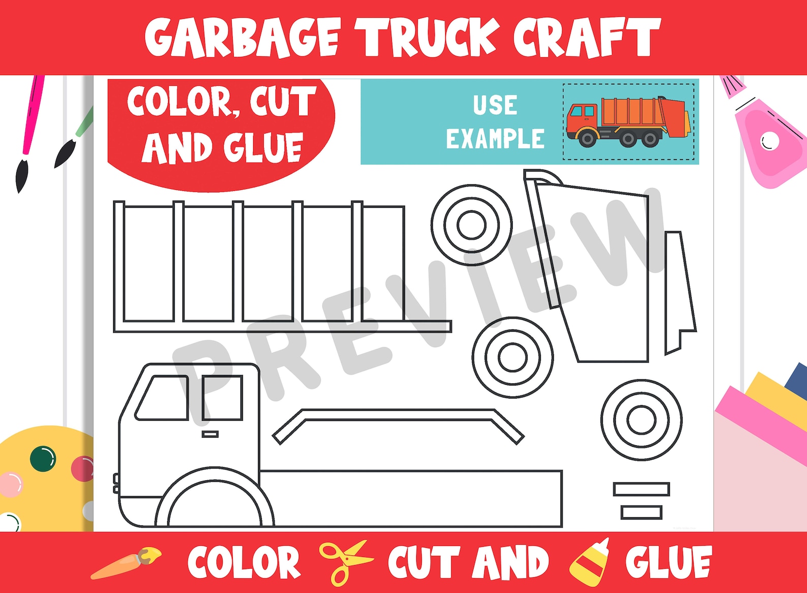 Garbage Truck Craft Activity Color, Cut, and Glue for Prek to 2nd Grade ...