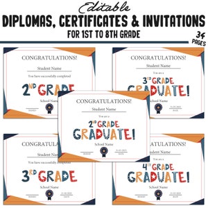Printable 4th Grade Diplomas, Editable Certificates for 1st-8th Grades ...