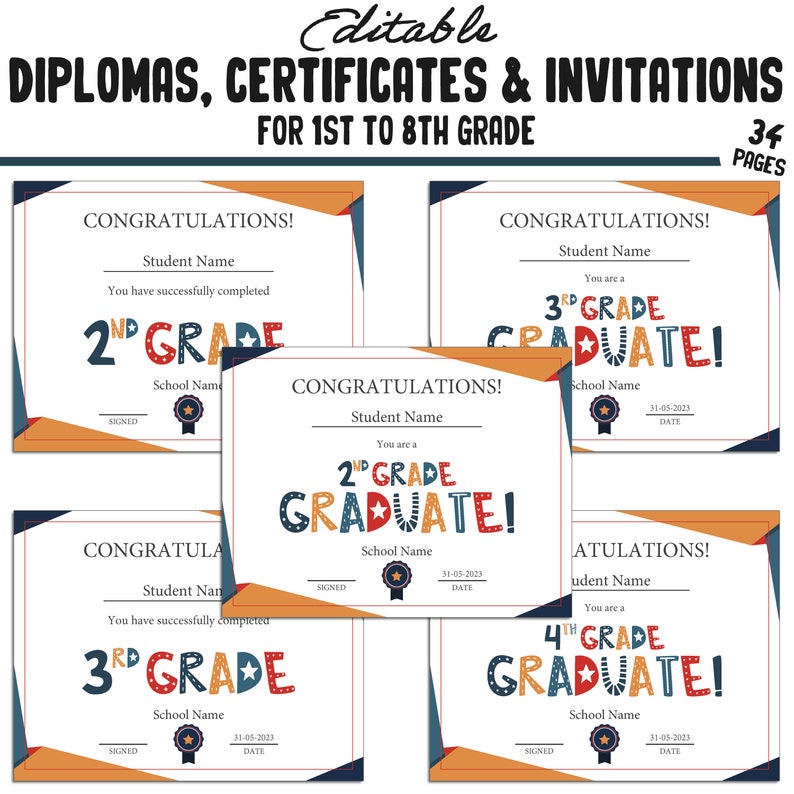 Printable 4th Grade Diplomas, Editable Certificates for 1st-8th Grades ...