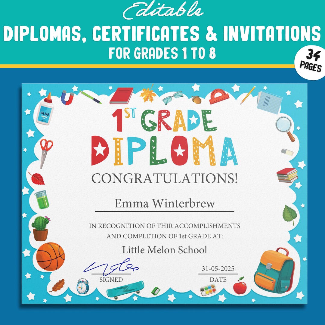 Editable 1st Grade Graduation, 1st to 8th Grade Diploma, Certificate of ...
