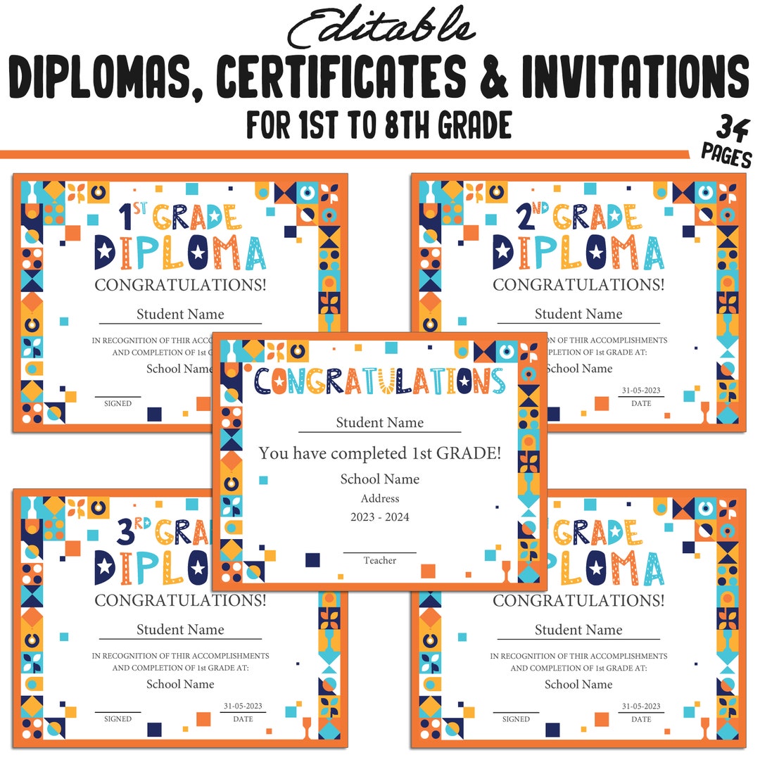 Editable Diplomas for 3rd Grade, Certificates for 1st-8th Grade, and ...